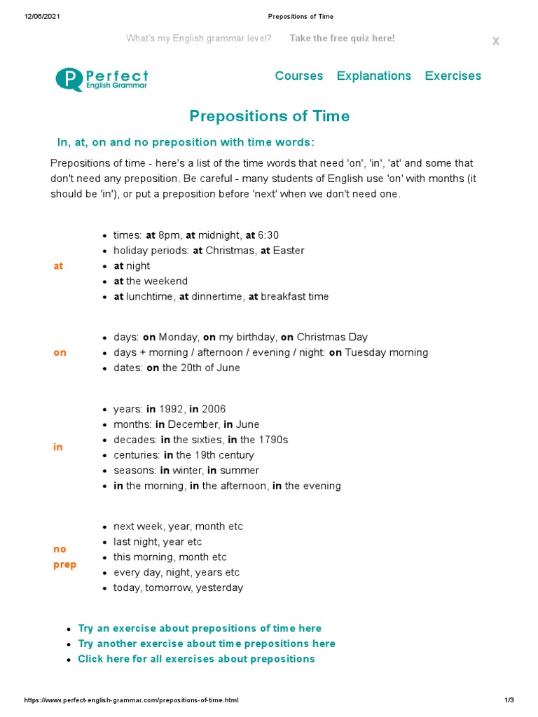 Prepositions of Time | PDF