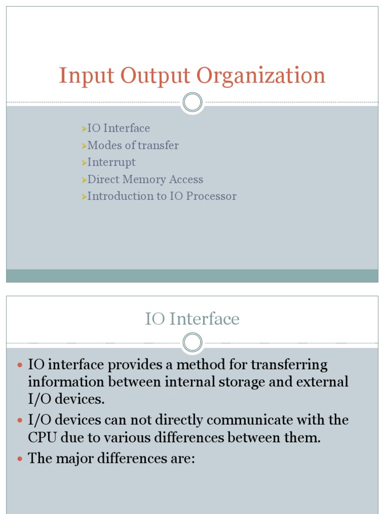 Input Output Organization: IO Interface Modes of Transfer Interrupt Direct Memory Access ...