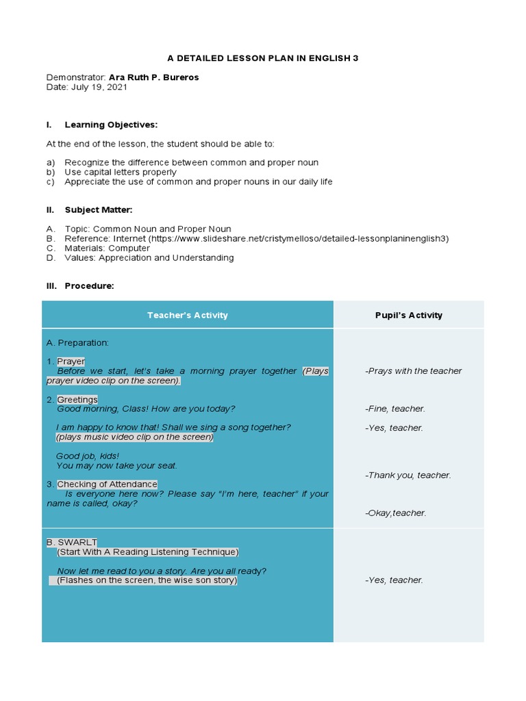 Detailed Lesson Plan in English 3 | PDF | Noun | Lesson Plan