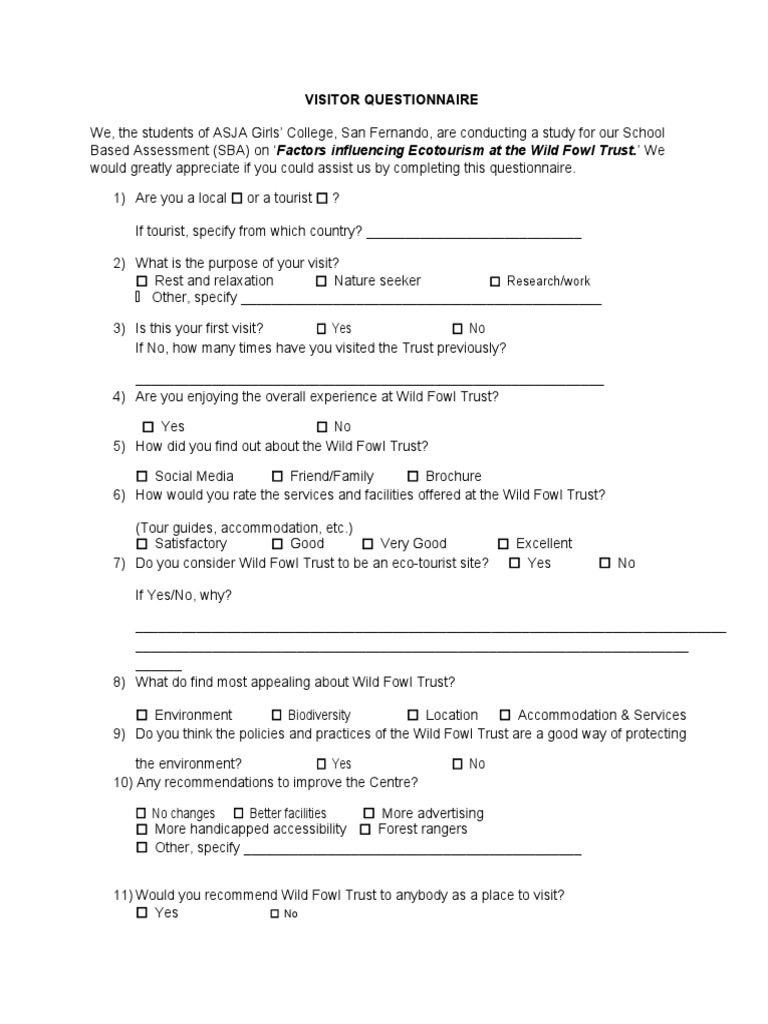 Visitor Questionnaire: Research/work | PDF | Natural Environment ...