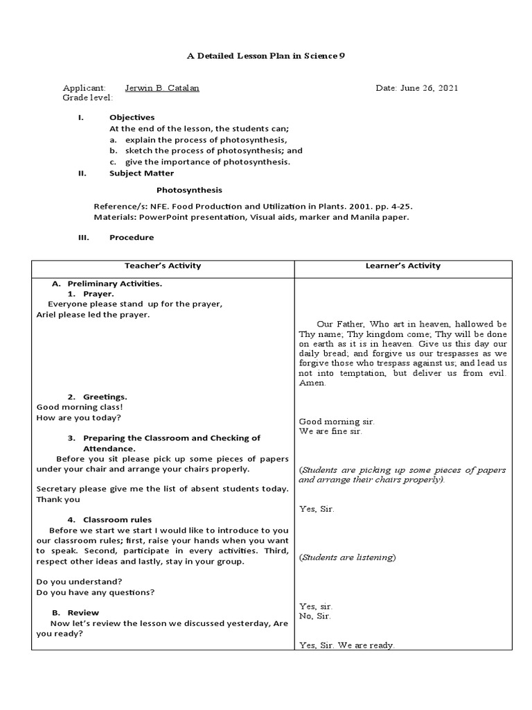 A Detailed Lesson Plan in Science 9 | PDF | Photosynthesis | Leaf