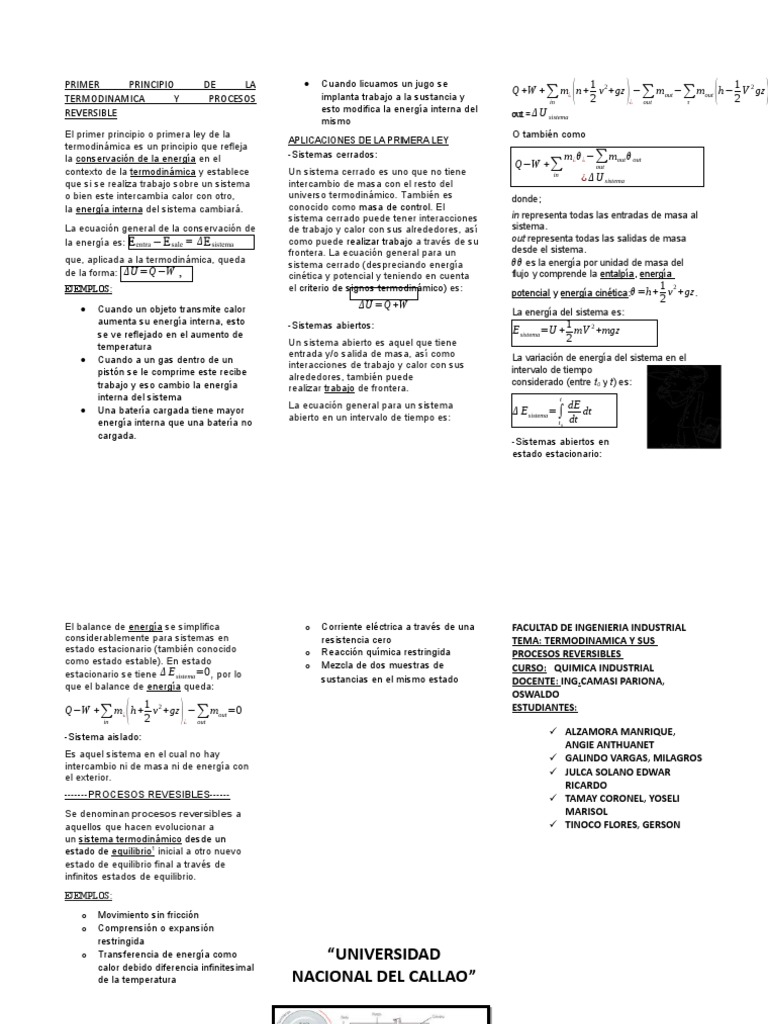 Triptico Termodinamica y Procesos Reversible | PDF | Termodinámica | Calor