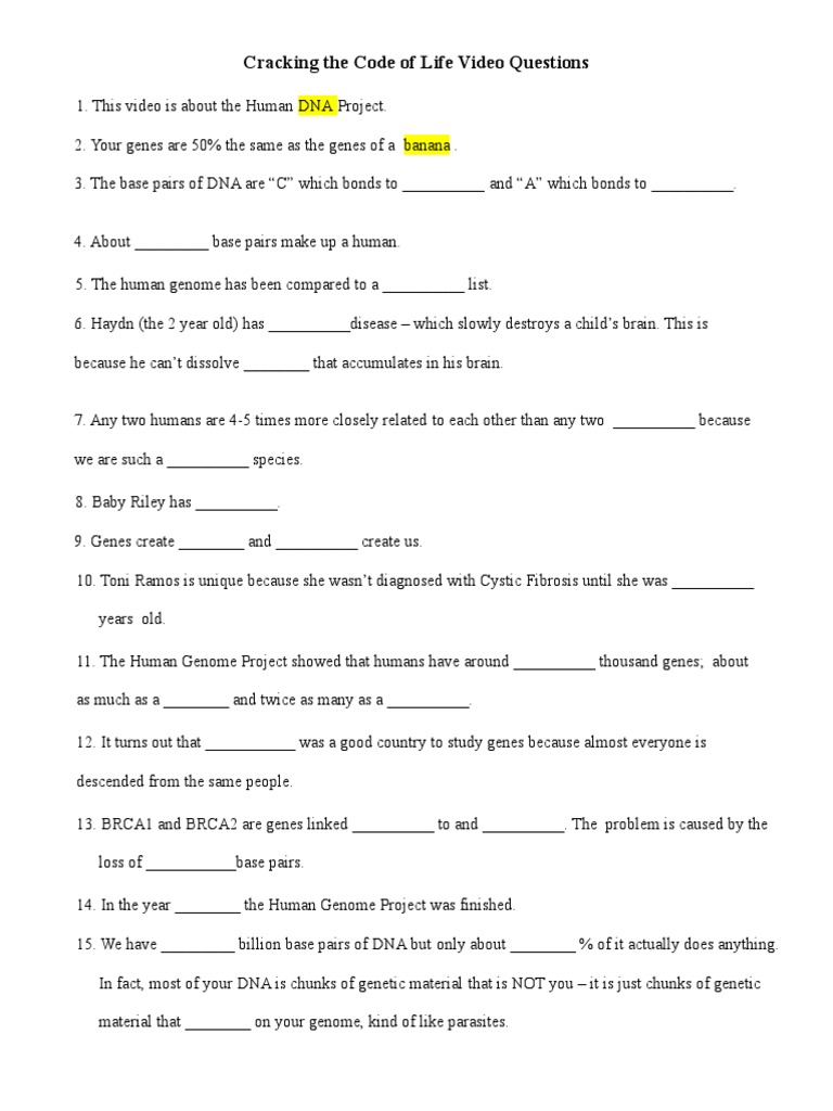 Cracking The Code of Life Video Questions Raw PDF | PDF | Self ...