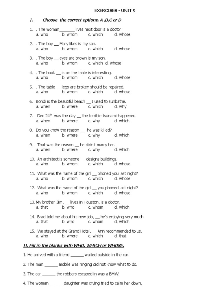 I Choose The Correct Options A B C Or D Exercises Unit 9 Pdf
