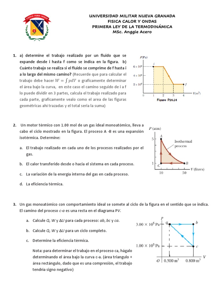 Primera ley de la termodinámica: Cálculos de trabajo, calor y variación de energía interna para ...