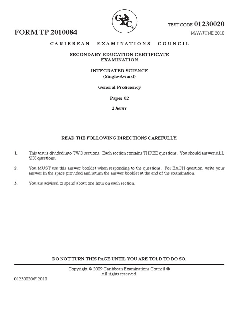 Integrated Science June 2010 Paper 2 Answers | PDF | Heart | Physical ...