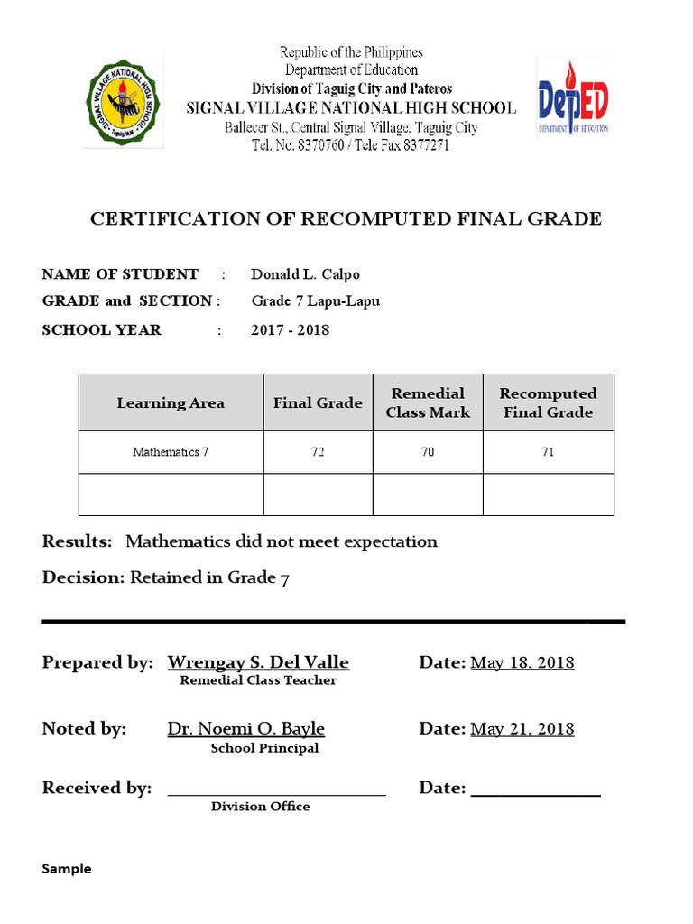 Certification of Recomputed Final Grades | PDF