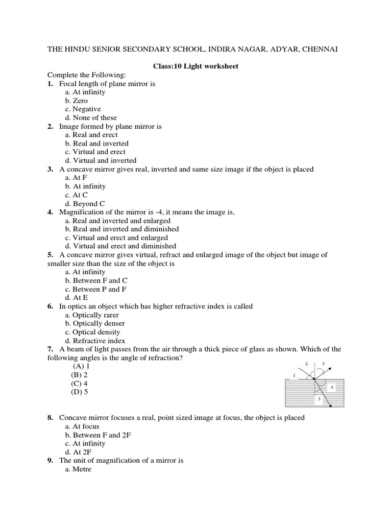 Class 10 Light Worksheet: Optics Quiz | PDF | Science & Mathematics