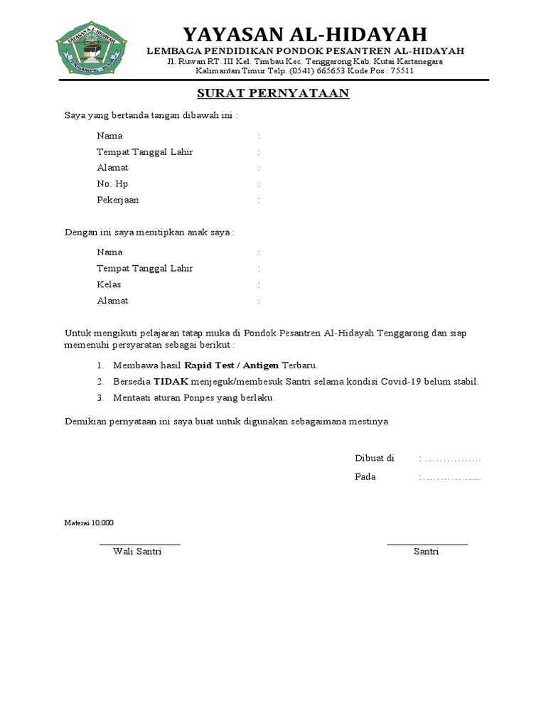 Surat Pernyataan Santri Kembali Ke Pondok | PDF