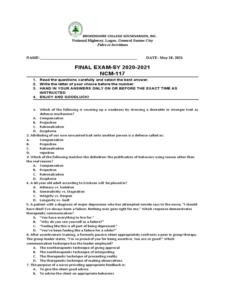 FINAL EXAM-SY 2020-2021 NCM-117: Fides Et Servitium | Download Free PDF ...