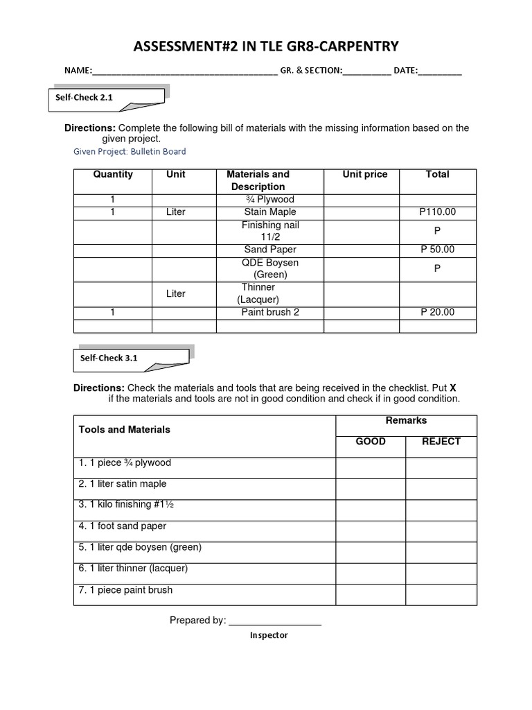 gr8 Carpentry Assessment 3.2 | PDF