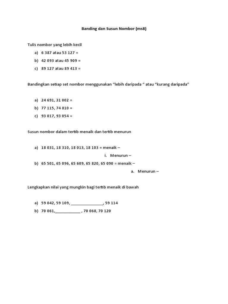 Modul PDPR Math Tahun 4 Banding Dan Susun Nombor | PDF