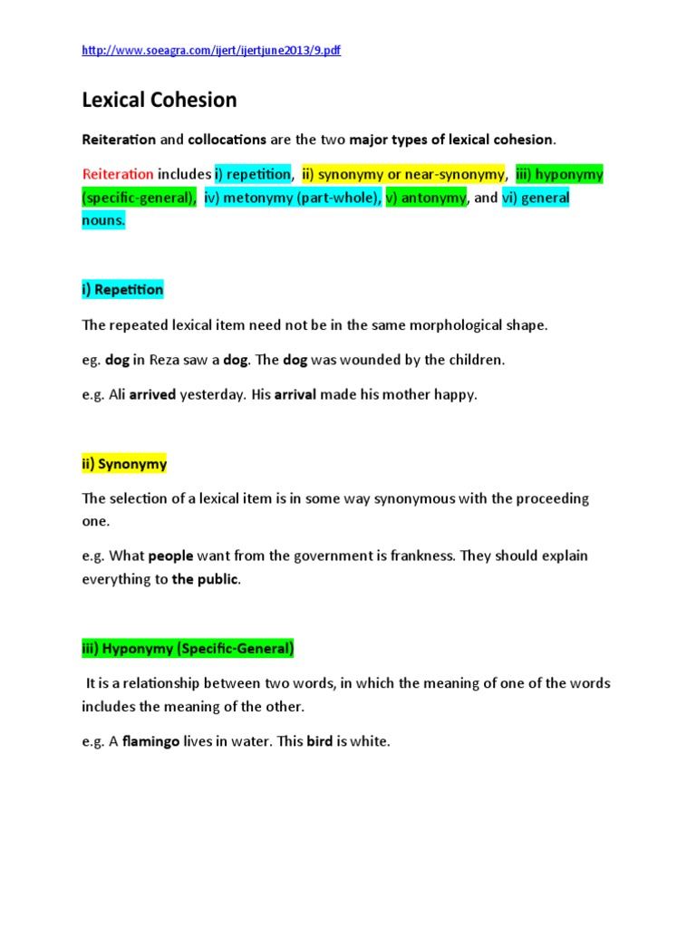 Lexical Cohesion: Reiteration and Collocations Are The Two Major Types ...
