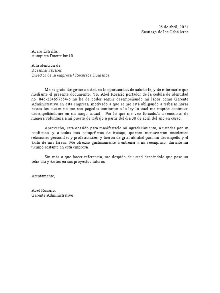 Modelo Carta De Dimision Modelo Escrito Dimision Junta Directiva Pynxl