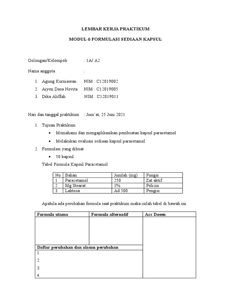 Lembar Kerja Praktikum Formulasi Sediaan Solid Modul 6 | PDF