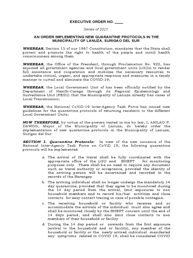Executive Order No. - : Series of 2021 | PDF | Quarantine | American ...
