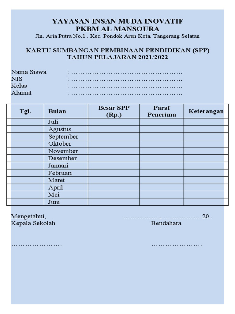 Kartu SPP Tahun Pelajaran 2021/2022 | PDF
