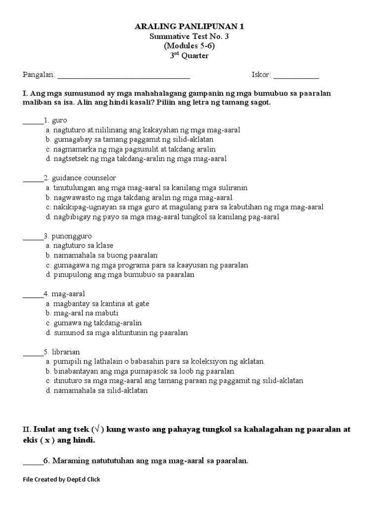 Summative Test No. 3 (Modules 5-6) 3 Quarter: Araling Panlipunan 1 | PDF