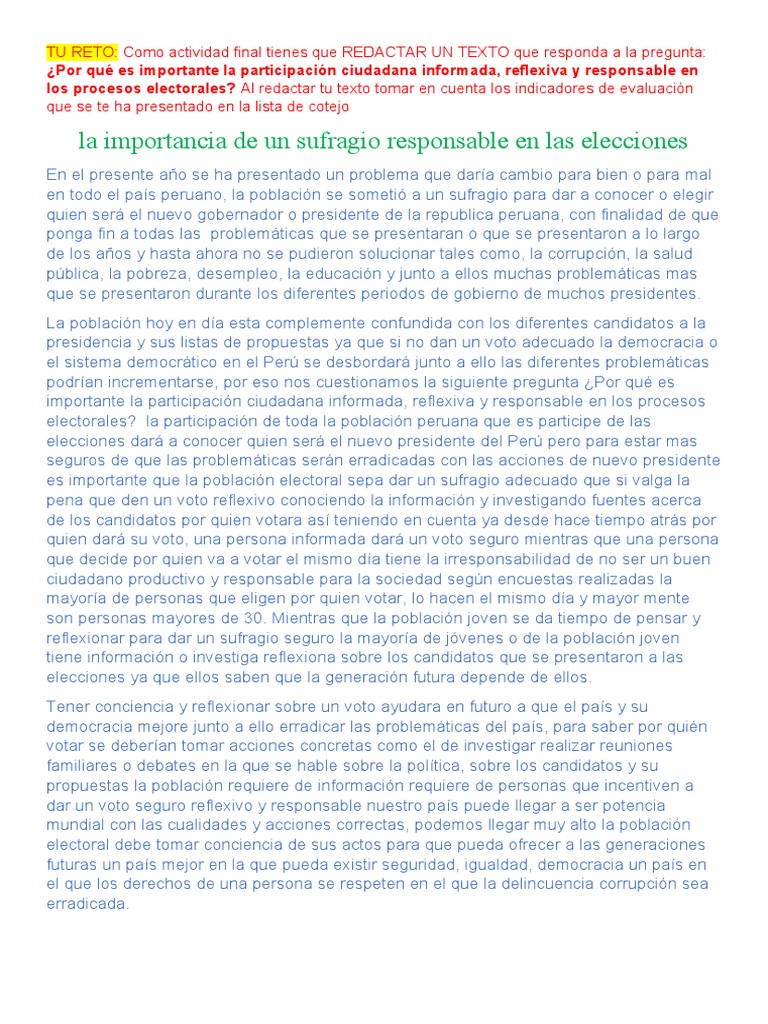(DPCC) Importancia de Un Voto Reflexivo | PDF | Votación | Elecciones