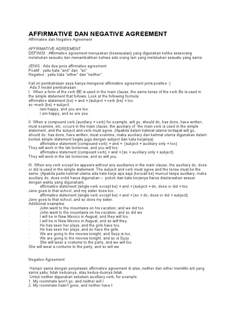 Affirmative and Negative Agreement Explained | PDF | Verb | Linguistic ...
