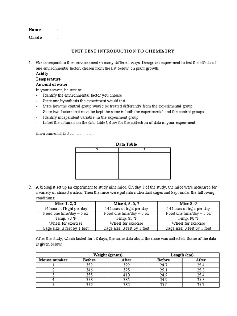 Unit Test Introduction To Chemistry | PDF | Chemical Substances | Mixture