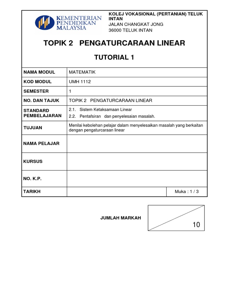 TUTORIAL 1 (M11) Pengaturcaraan Linear | PDF