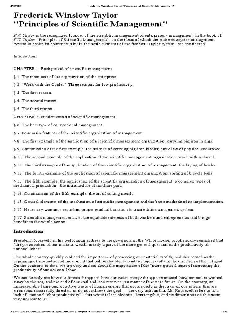 Frederick Winslow Taylor - Principles of Scientific Management | PDF ...
