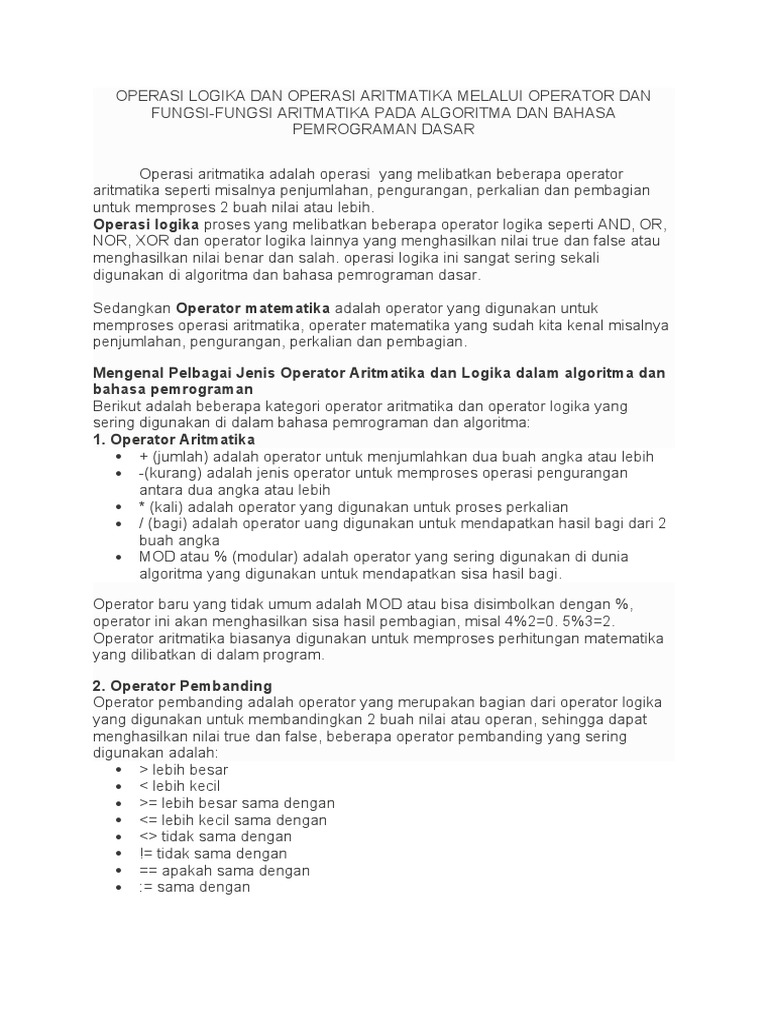Operasi Logika Dan Operasi Aritmatika Melalui Operator Dan Fungsi | PDF