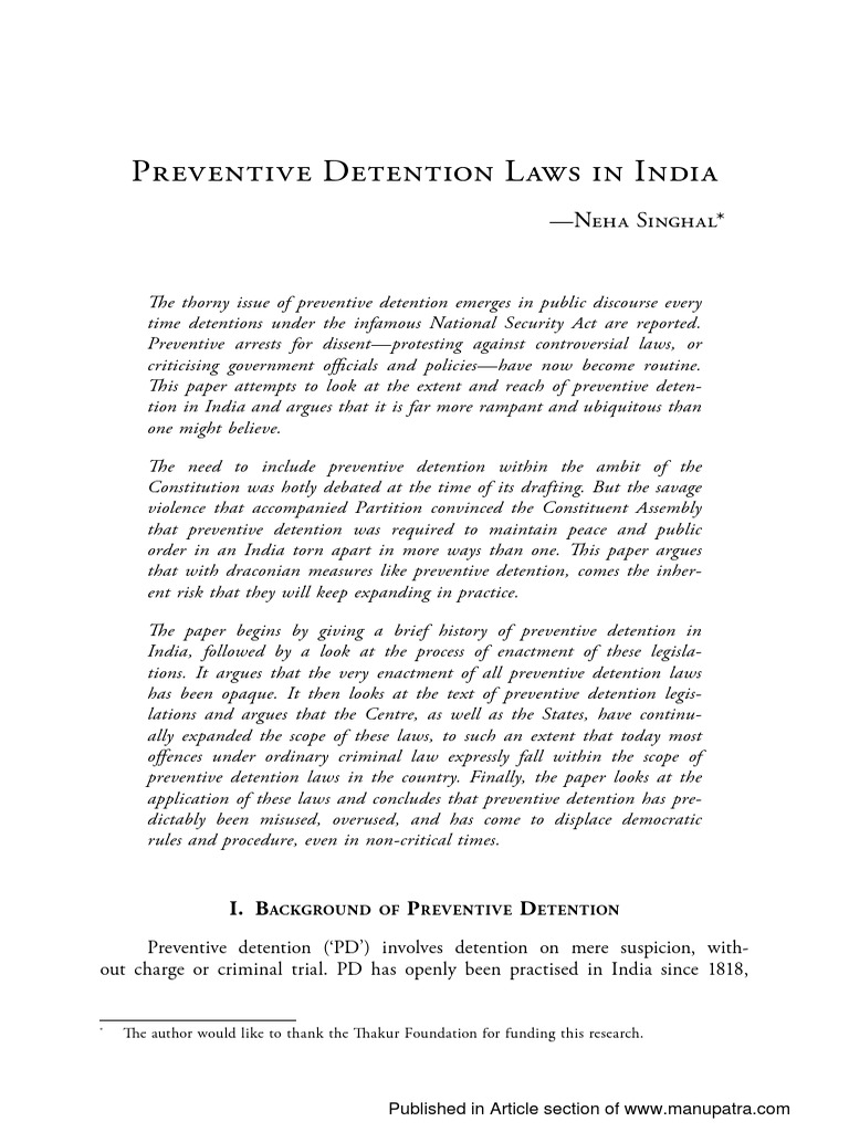 Preventive Detention Laws in India: - Neha Singhal | PDF | Criminal ...