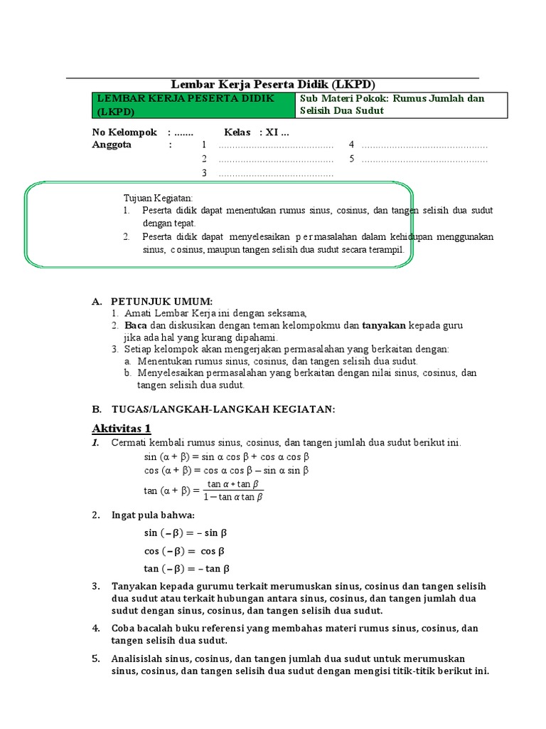 LKPD Rumus Selisih Dua Sudut | PDF