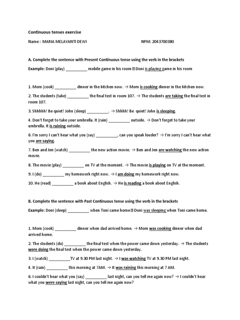 Continuous Tenses Practice Exercises | PDF