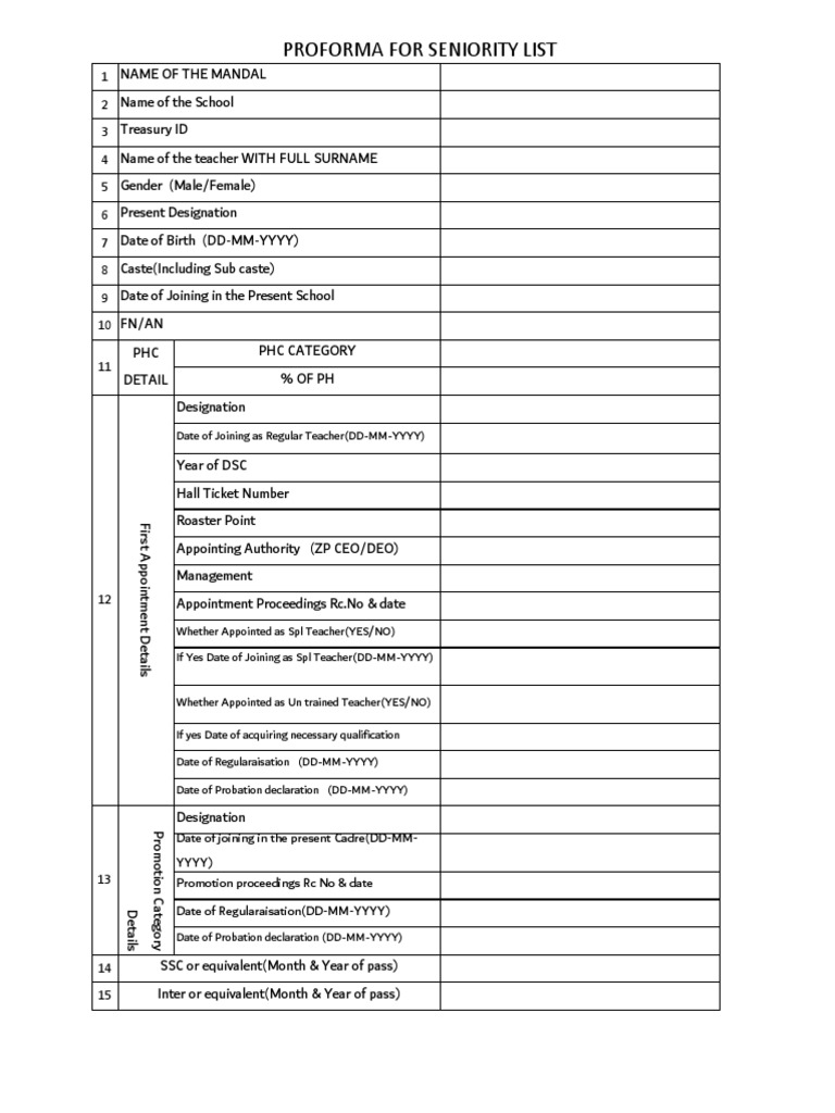 Proforma For Seniority List | PDF | Titles | Educational Stages