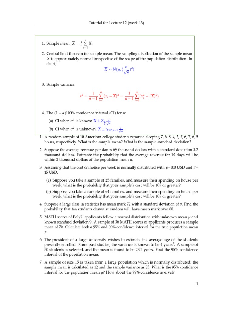 Exercises For Lecture 12 Week 13 Pdf Confidence Interval Mean