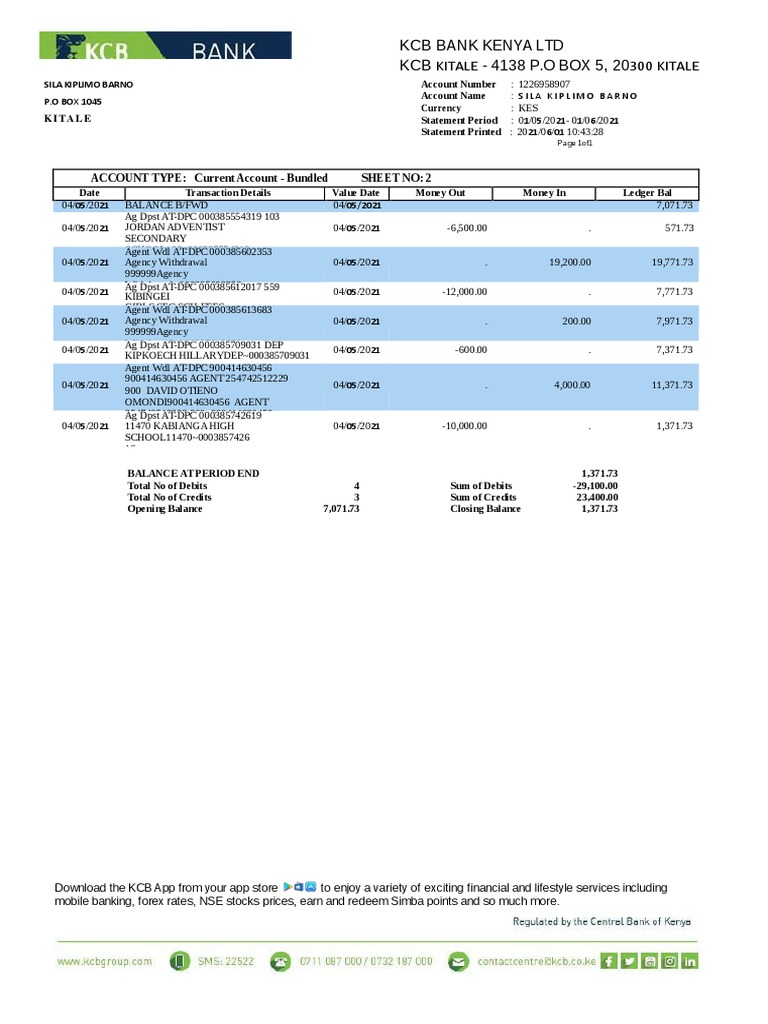 KCB KITALE BANK STATEMENT SILA KIPLIMO | PDF | Debits And Credits ...