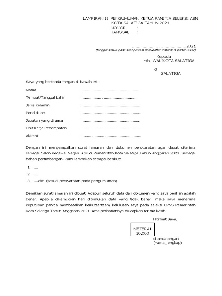 Lampiran II Surat-Lamaran Cpns | PDF