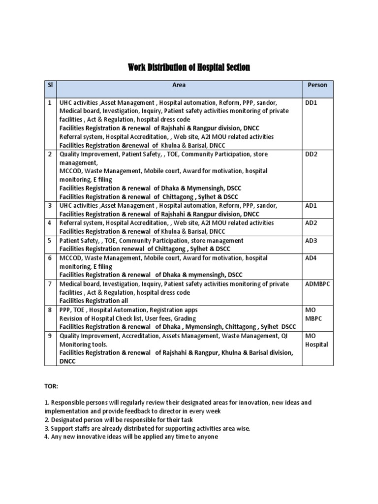Hospital Section Work Distribution Plan | PDF | Patient Safety | Health ...