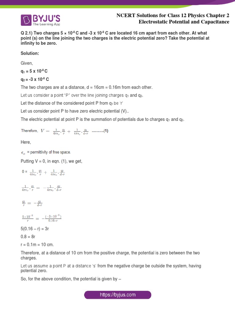 NCERT Solutions For Class 12 Physics Chapter 2 Electrostatic Potential ...