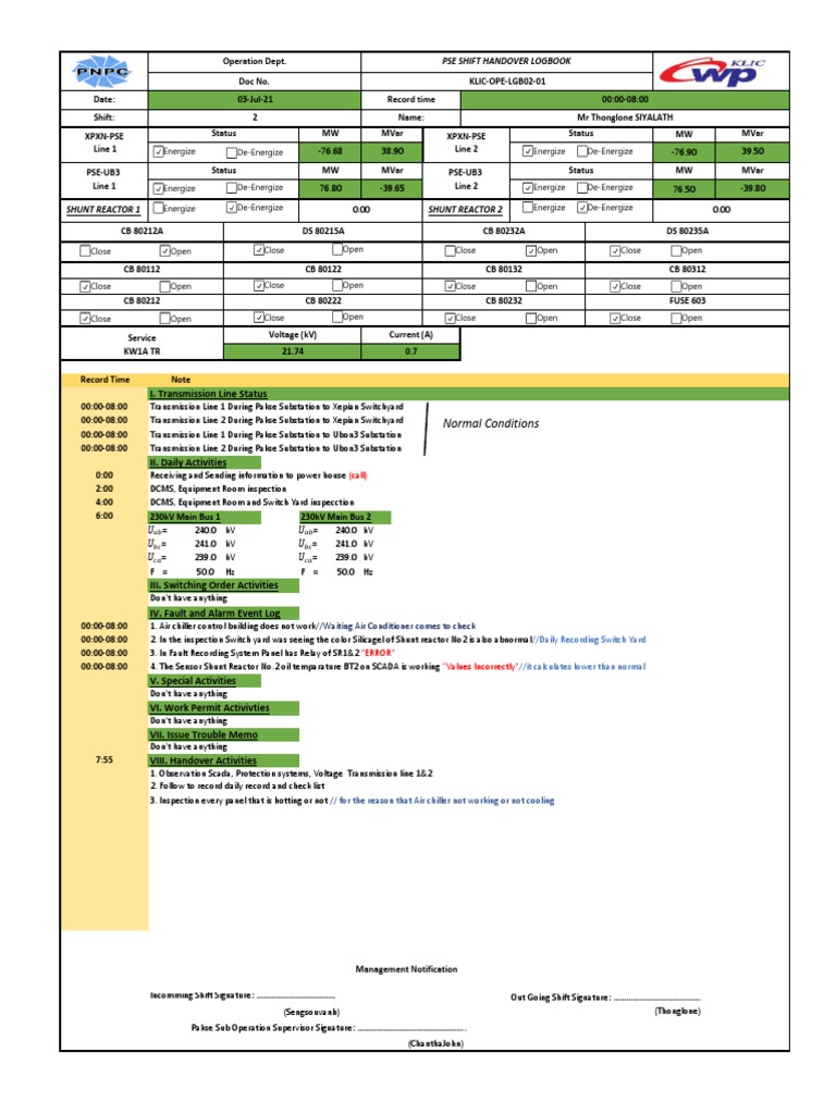 I. Transmission Line Status: Pse Shift Handover Logbook | PDF ...