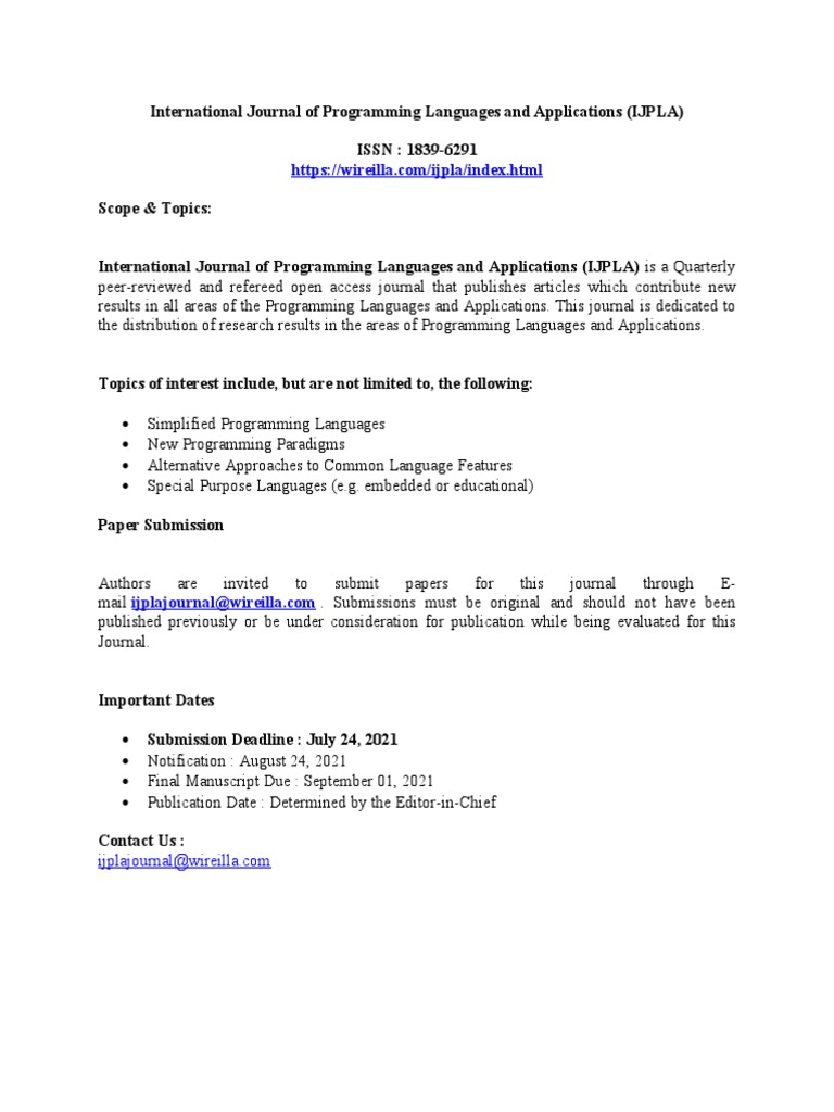 International Journal of Programming Languages and Applications (IJPLA ...
