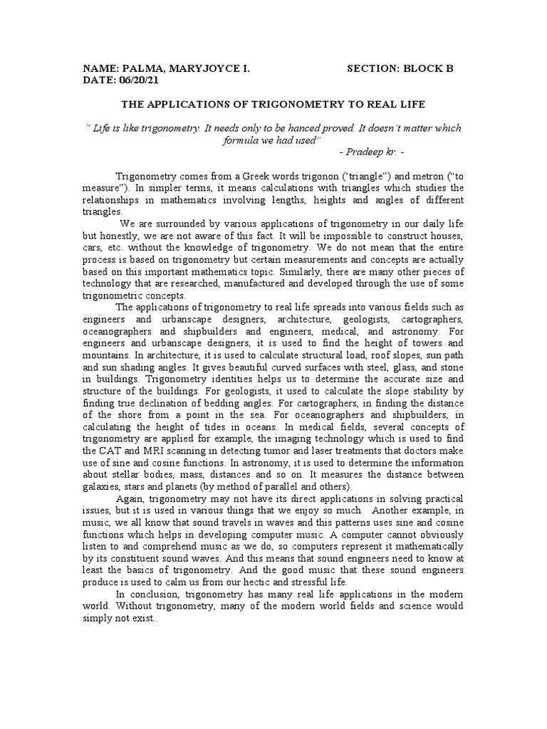 Activity 1 - THE APPLICATIONS OF TRIGONOMETRY IN REAL LIFE | PDF ...