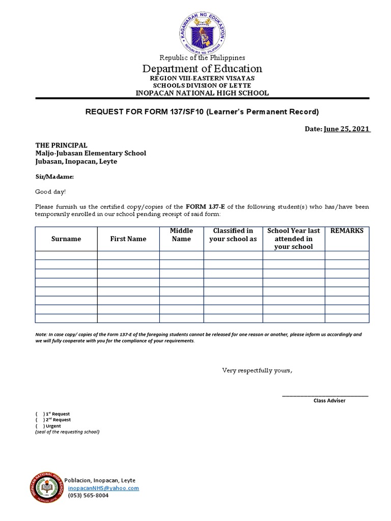 Department of Education: REQUEST FOR FORM 137/SF10 (Learner's Permanent Record) | PDF