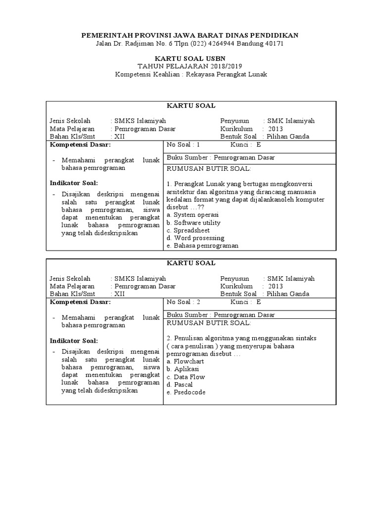 Kartu Soal Pemrograman Dasar | PDF