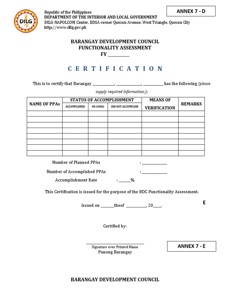 Certification: Barangay Development Council Functionality Assessment FY ...