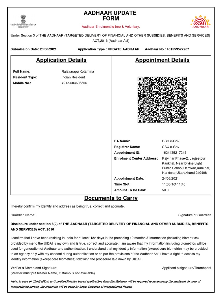 Aadhaar Update Form: Aadhaar Enrolment Is Free & Voluntary | PDF ...