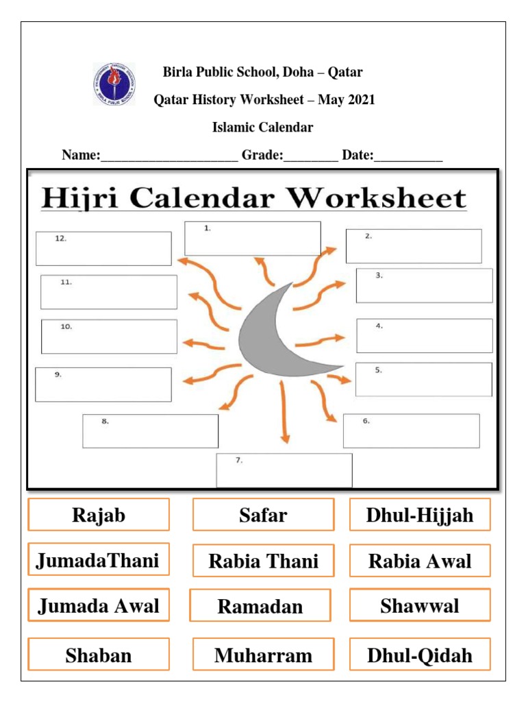 Islamic Calendar Worksheet for Students | PDF