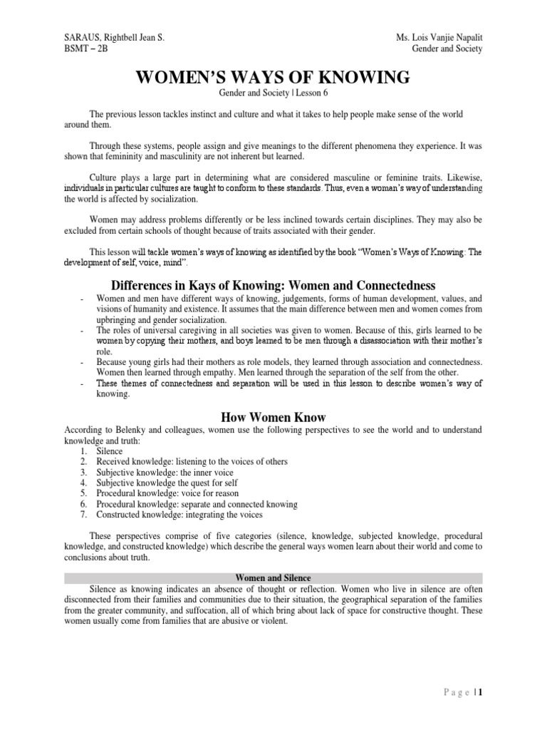 Women's Ways of Knowing Explored | PDF | Gender | Gender Studies