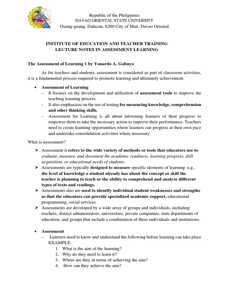 Lecture Notes in Assessment Learning Prof-Ed | PDF | Educational ...