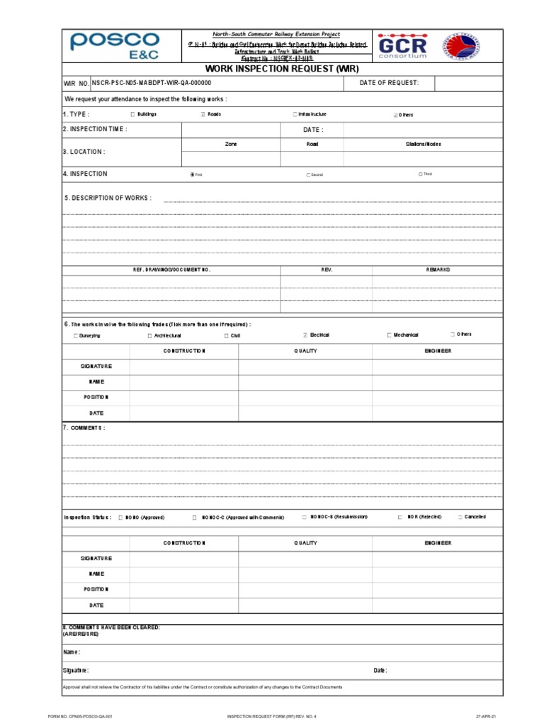 Work Inspection Request Form Template | PDF | Civil Engineering | Real ...