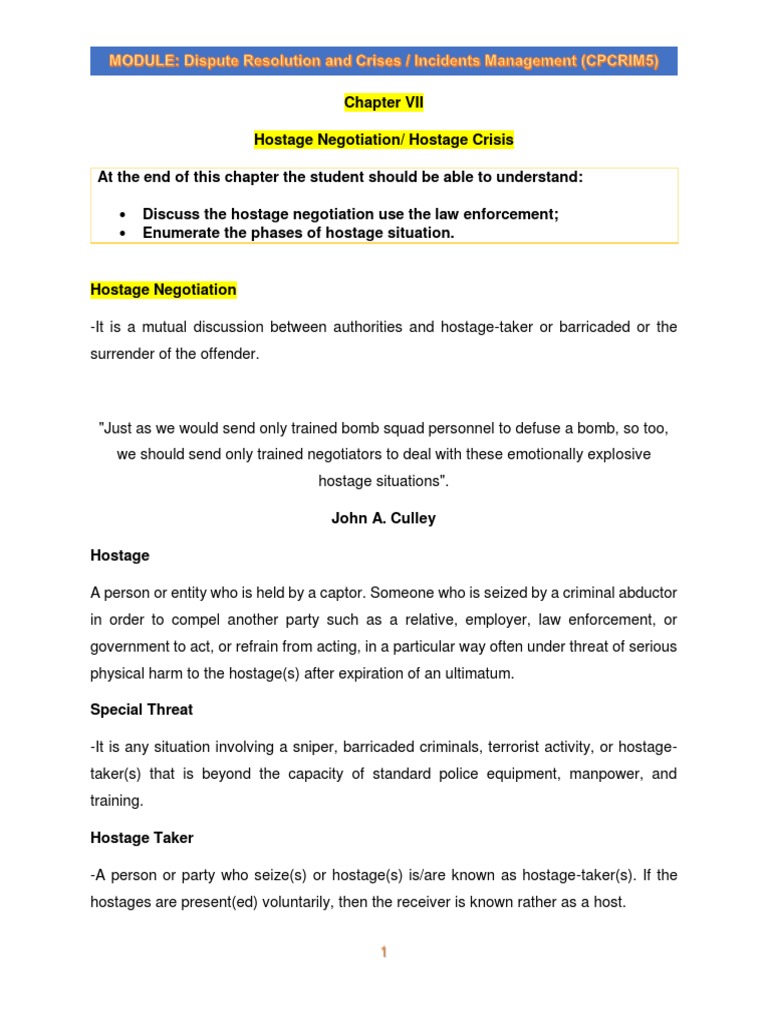CHAPTER VII - Hostage Negotiation Hostage Crisis | PDF | Hostage ...