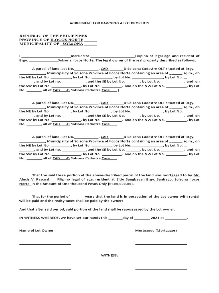 AGREEMENT FOR PAWNING A LOT PROPERTY Blank | PDF | Mortgage Law | Real ...